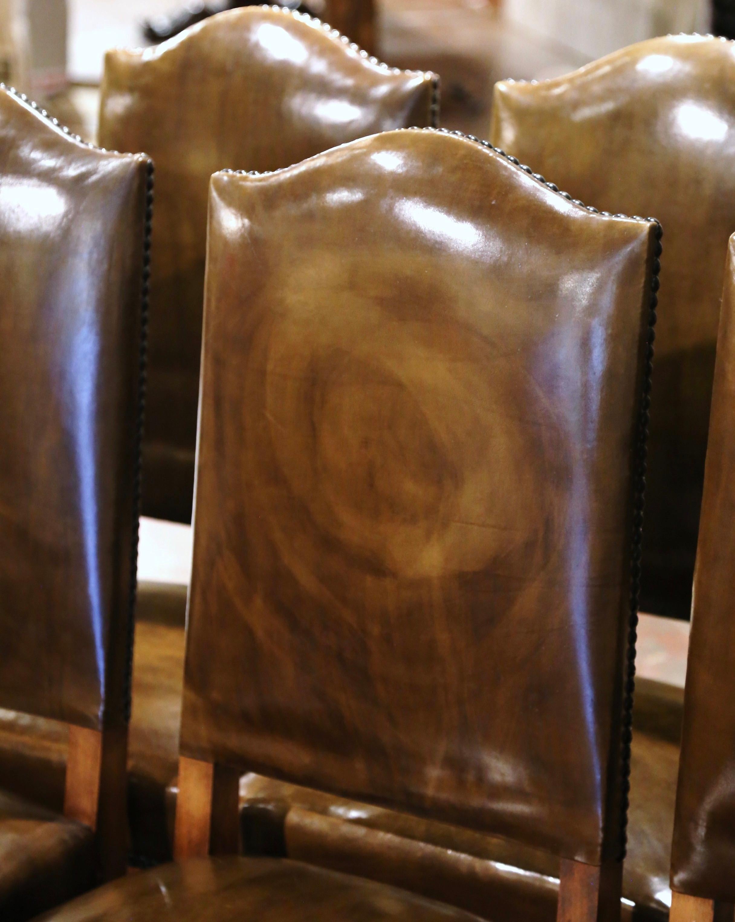 Mid-Century French Carved Louis XIII Chairs with Leather Upholstery ...