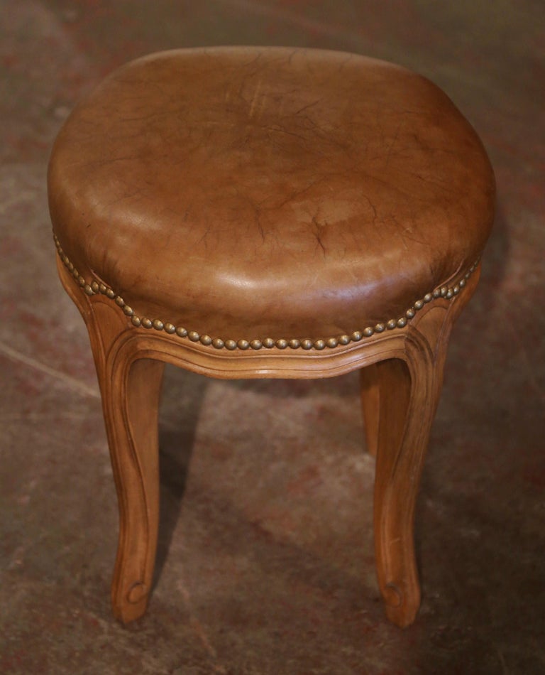 Mid-Century French Carved Walnut and Leather Round Stool For Sale at ...