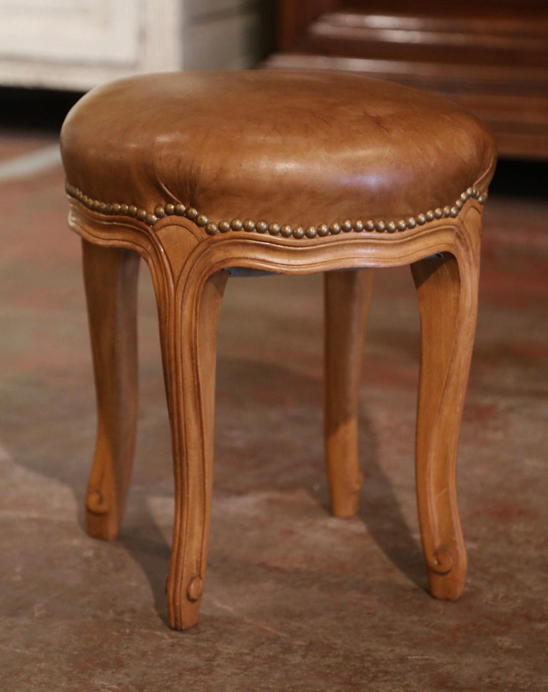 Mid-Century French Carved Walnut and Leather Round Stool For Sale at ...