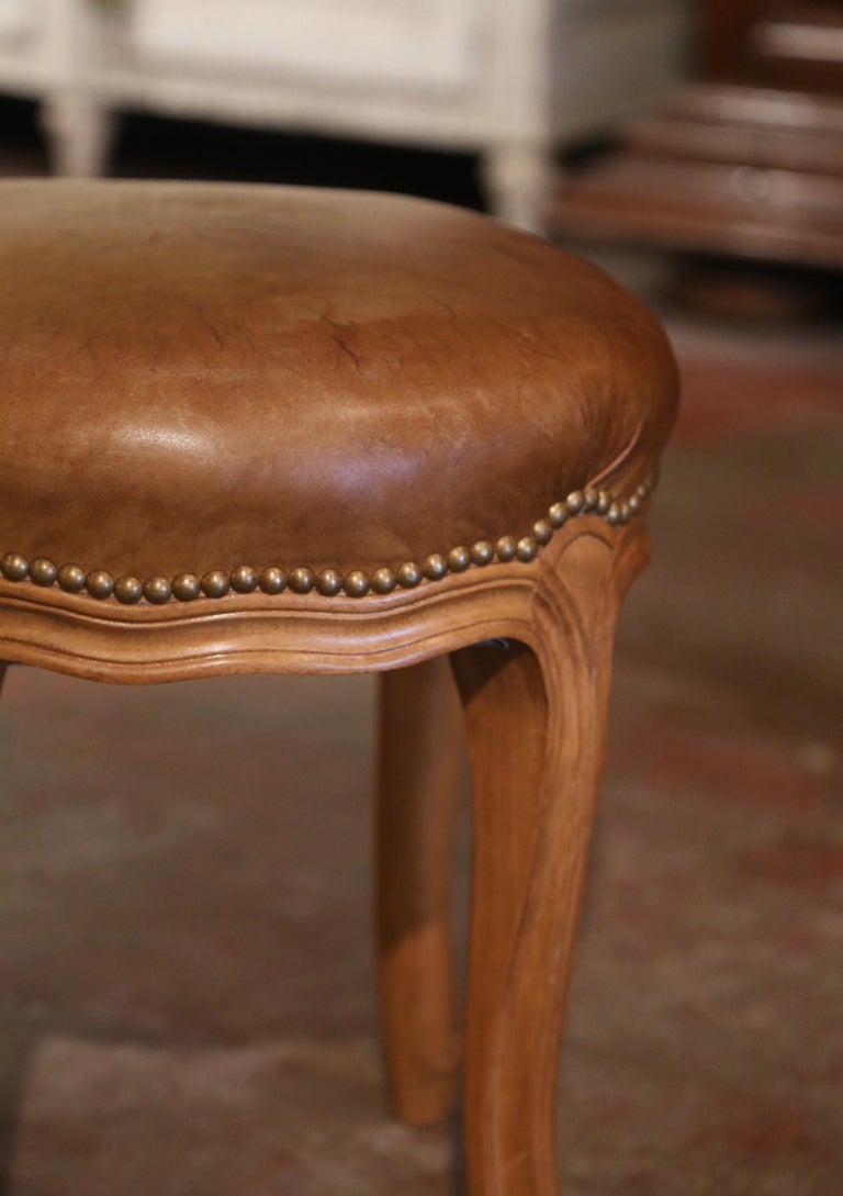 Mid-Century French Carved Walnut and Leather Round Stool For Sale at ...