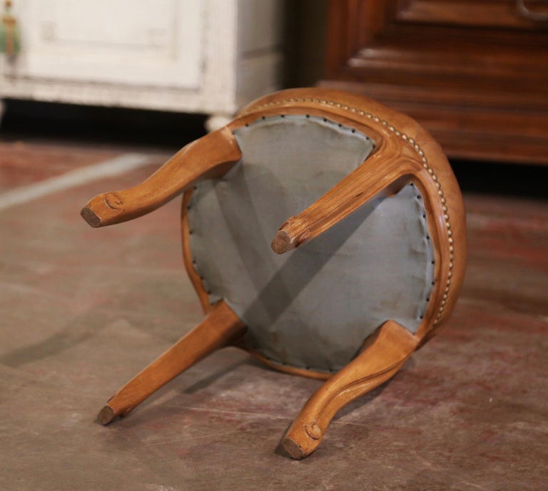 Mid-Century French Carved Walnut and Leather Round Stool For Sale at ...