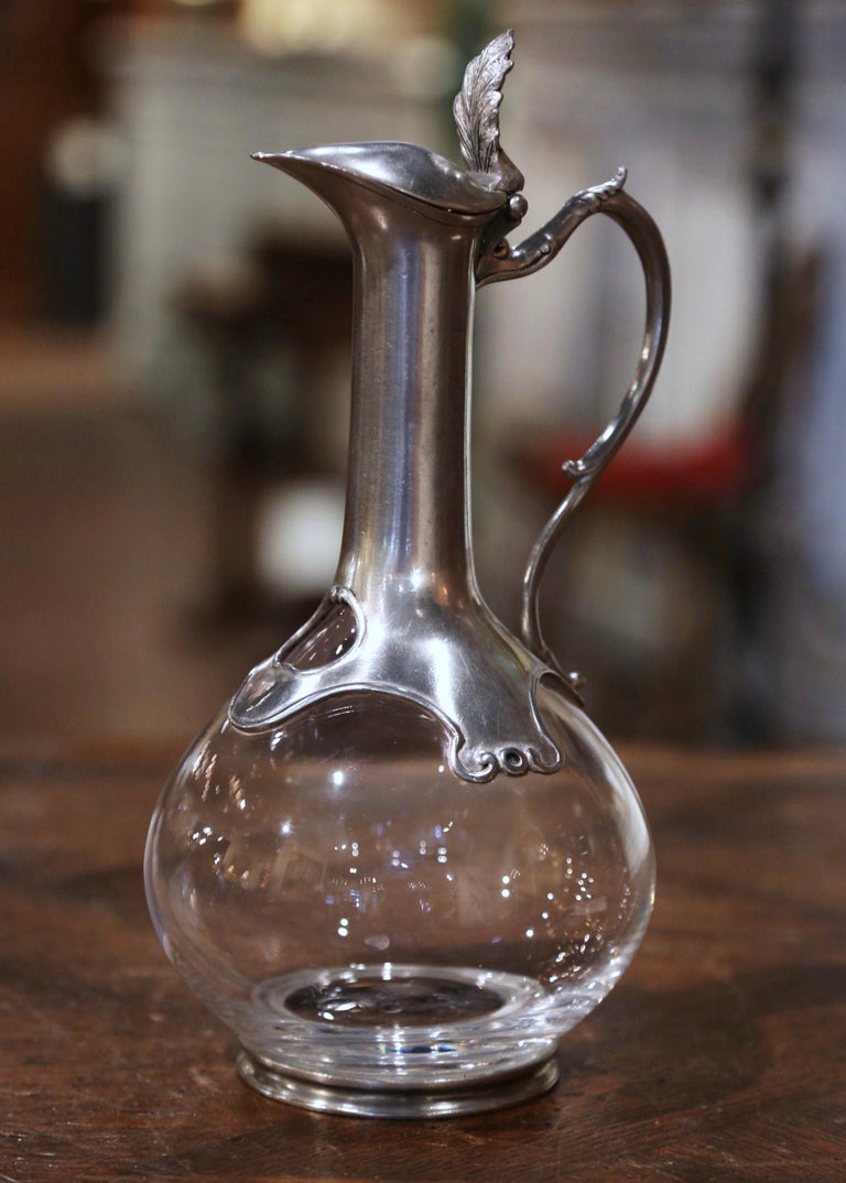 Mid-Century French Crystal and Pewter Wine Carafe with Acanthus Leaf ...