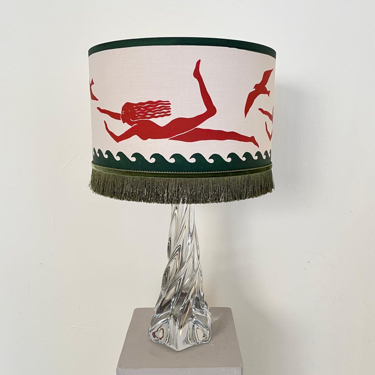 Mid Century French Crystal Glass Table Lamp with Round Fabric Lamp ...