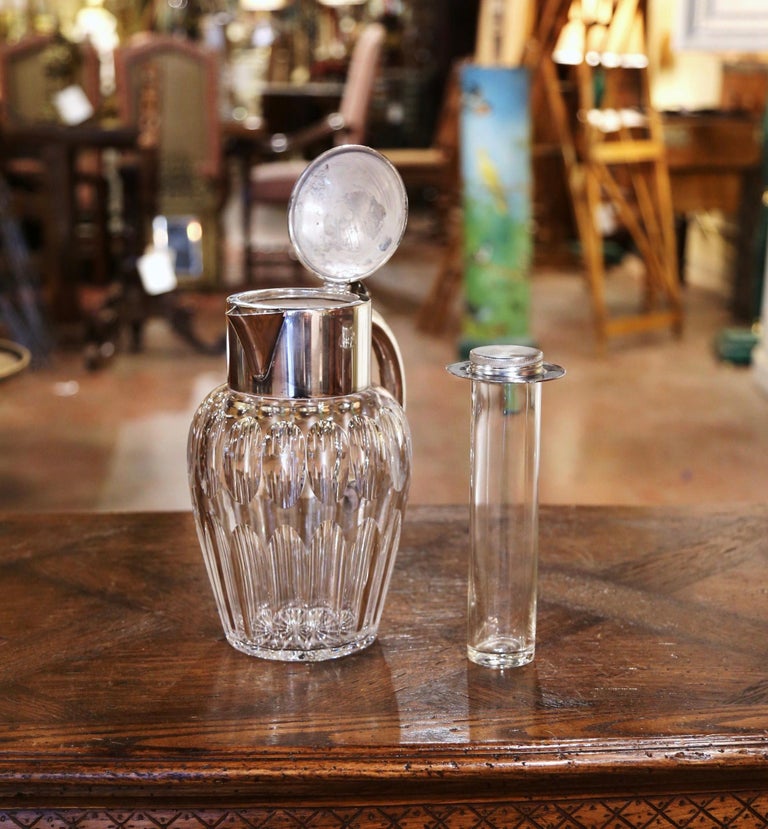 Midcentury French Cut-Glass and Silvered Brass Pitcher with Ice Holder ...