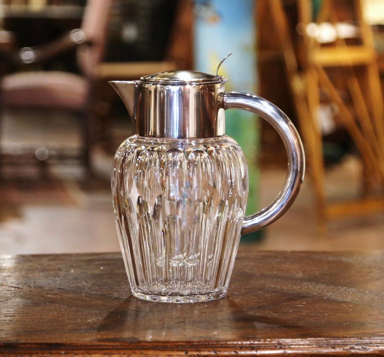 Midcentury French Cut-Glass and Silvered Brass Pitcher with Ice Holder ...