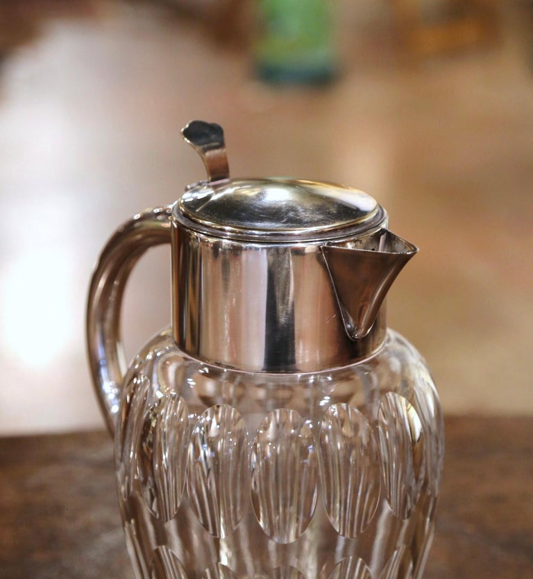 Midcentury French Cut-Glass and Silvered Brass Pitcher with Ice Holder ...