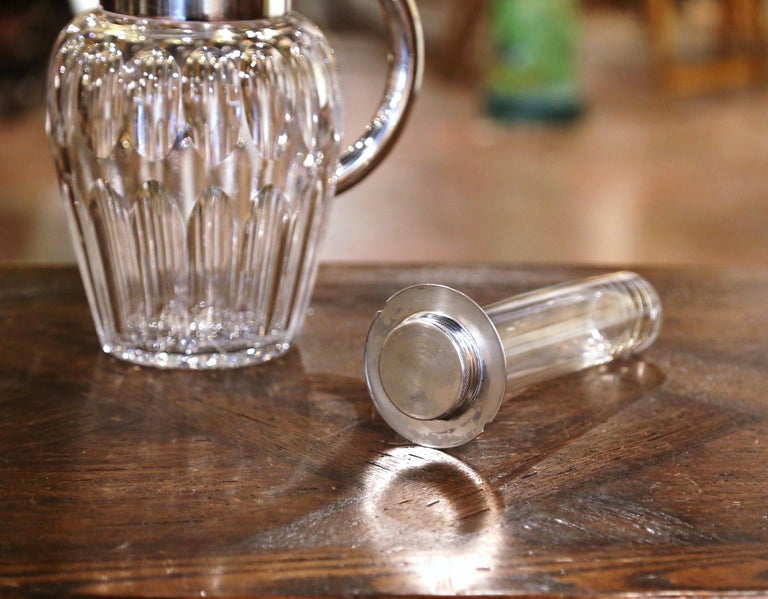 Midcentury French Cut-Glass and Silvered Brass Pitcher with Ice Holder ...