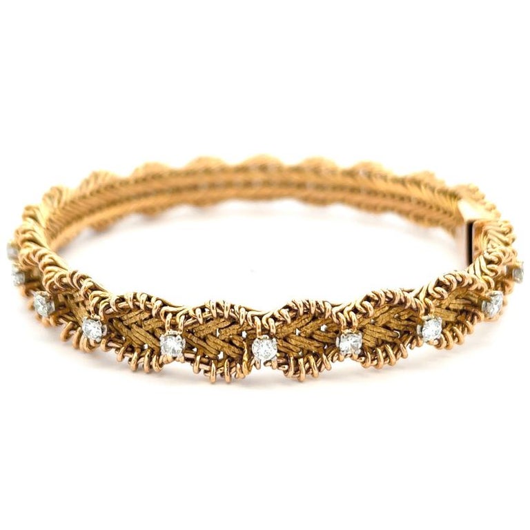 Mid-Century French Diamond 18 Karat Gold Braided Bracelet For Sale at ...