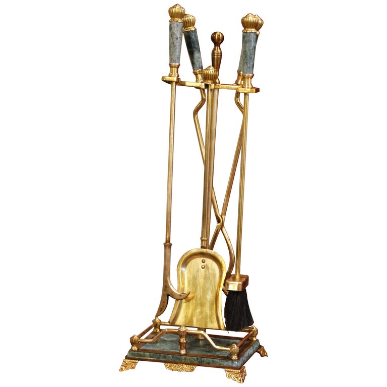 Mid-Century French Empire Brass and Green Marble Fireplace Tool Set ...