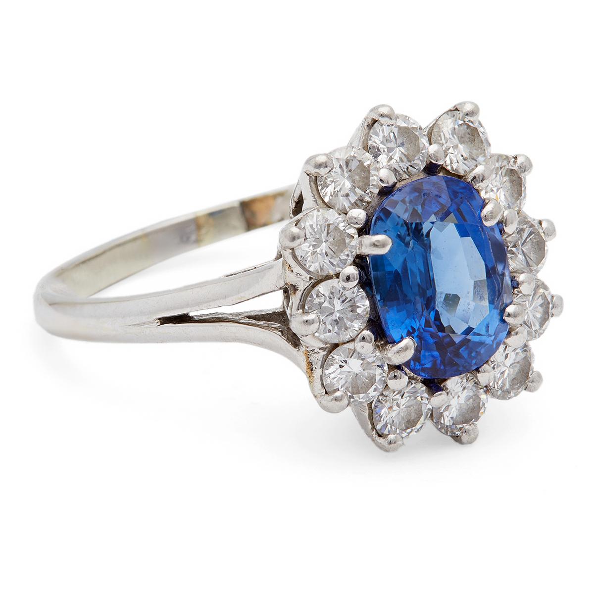Midcentury French GIA Ceylon Sapphire Diamond 18k White Gold Cluster ...