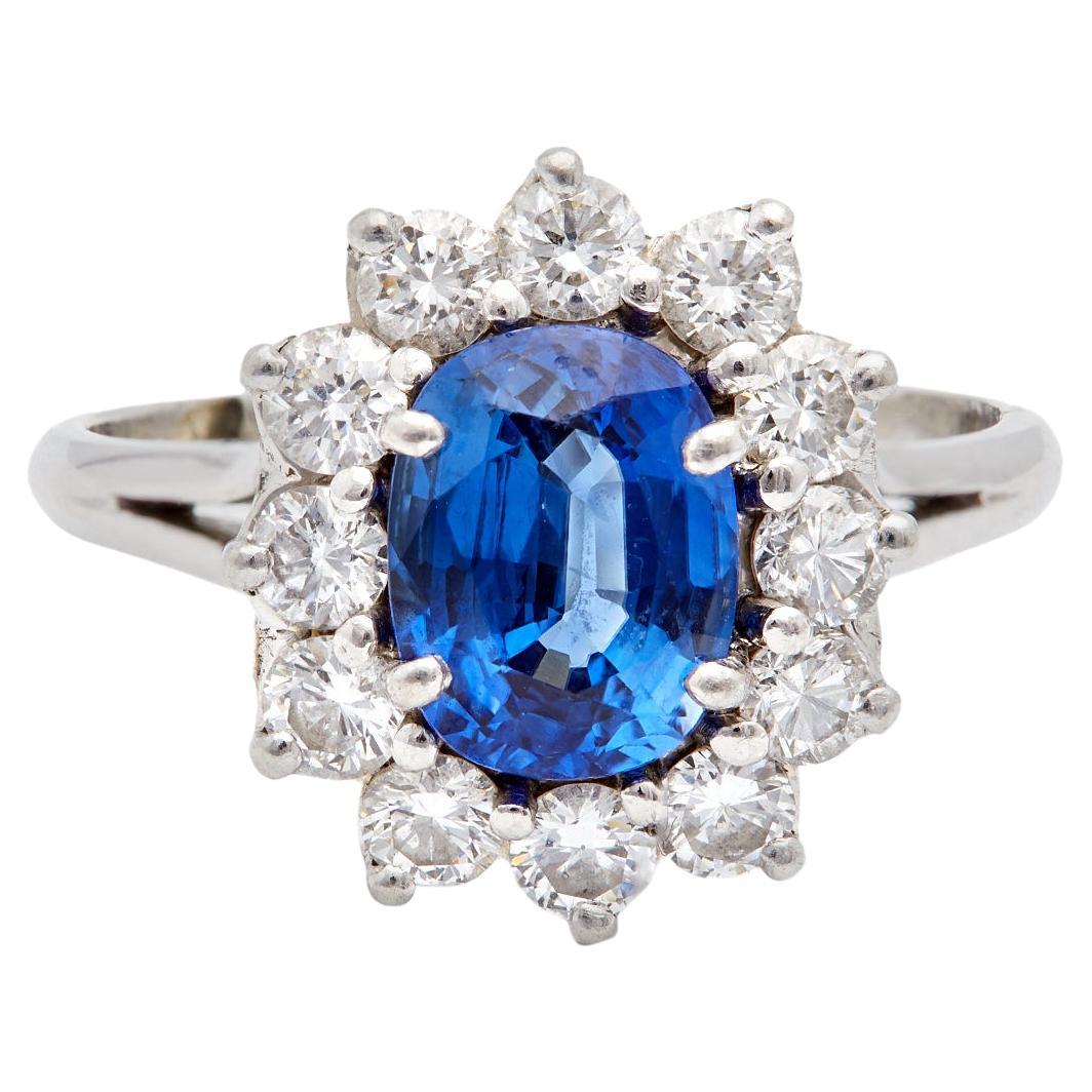 Midcentury French GIA Ceylon Sapphire Diamond 18k White Gold Cluster ...
