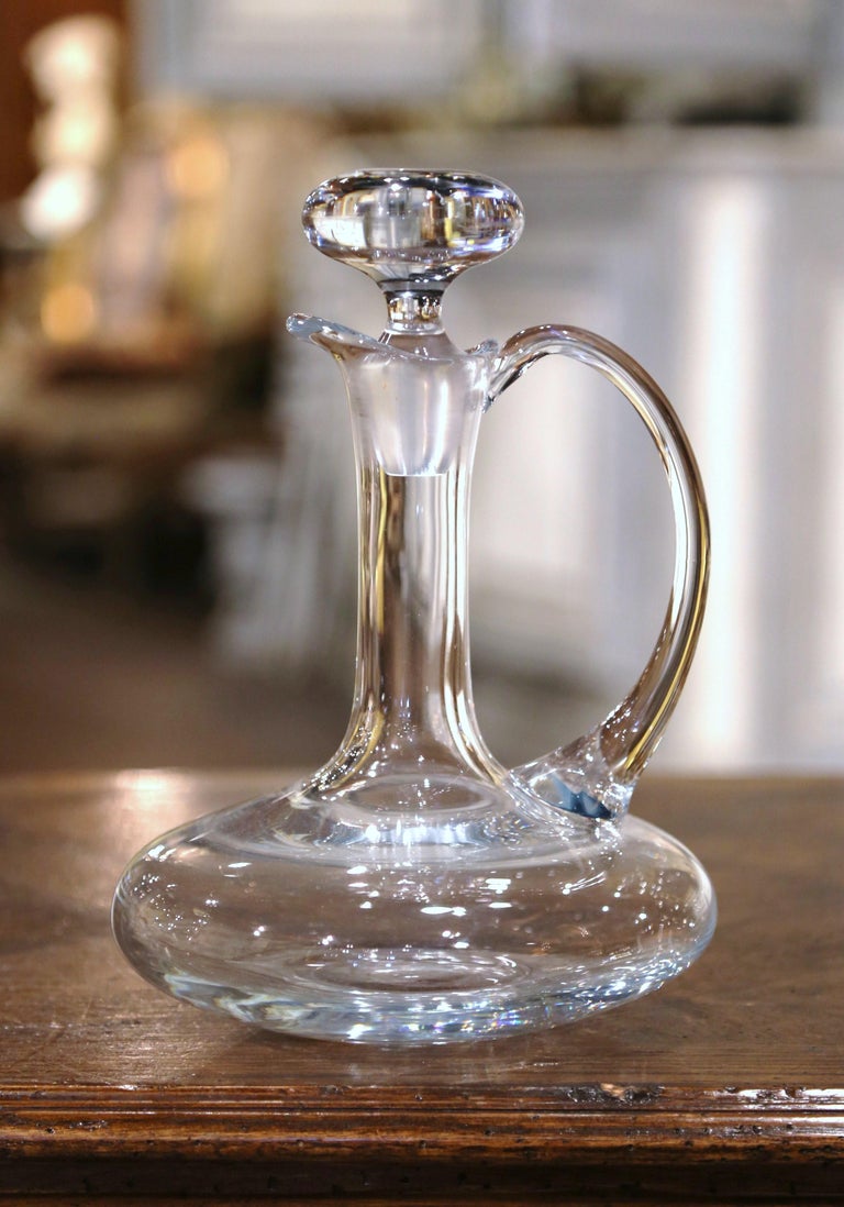 Mid-Century French Glass Wine Carafe Decanter with Stopper and Handle ...