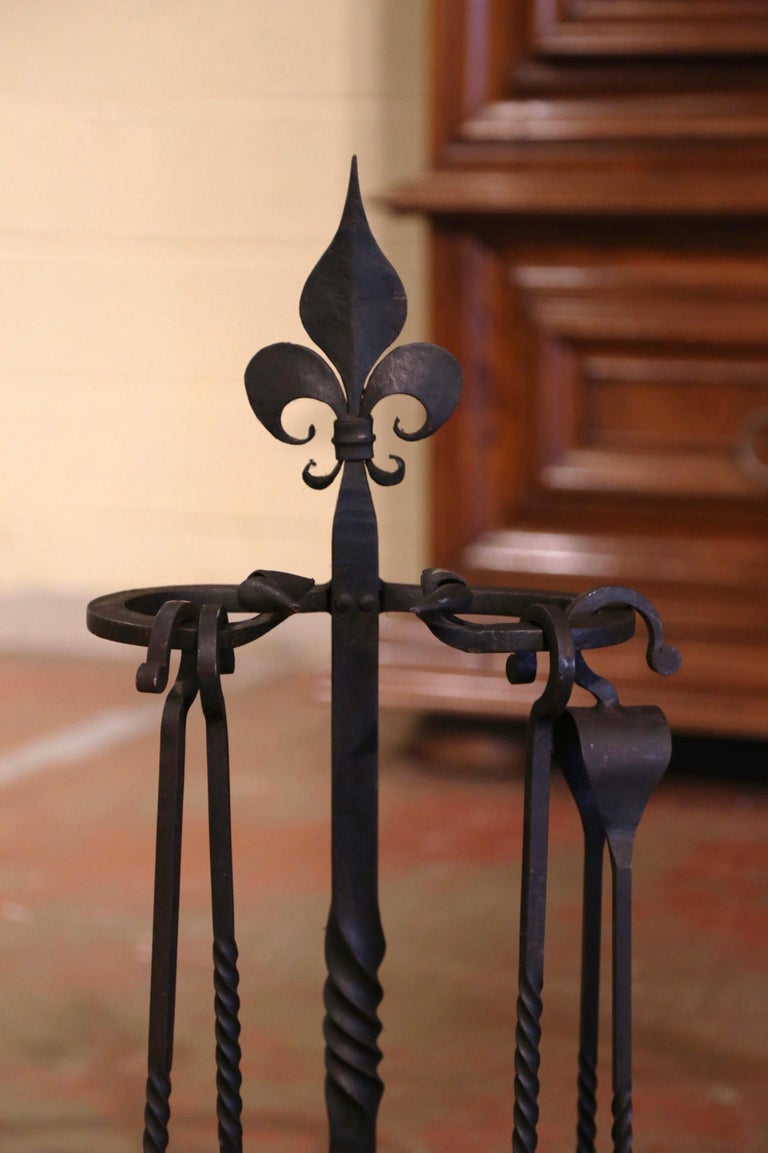 Mid-Century French Gothic Wrought Iron Fireplace Tool Set with Fleur-de ...