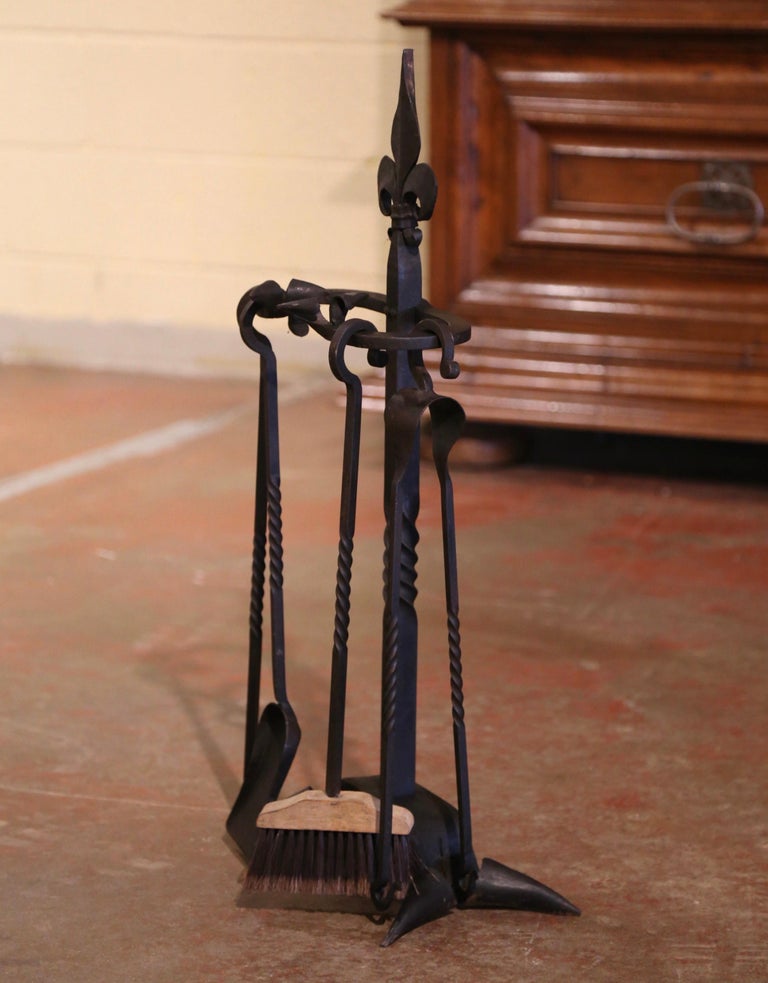 Mid-Century French Gothic Wrought Iron Fireplace Tool Set with Fleur-de ...