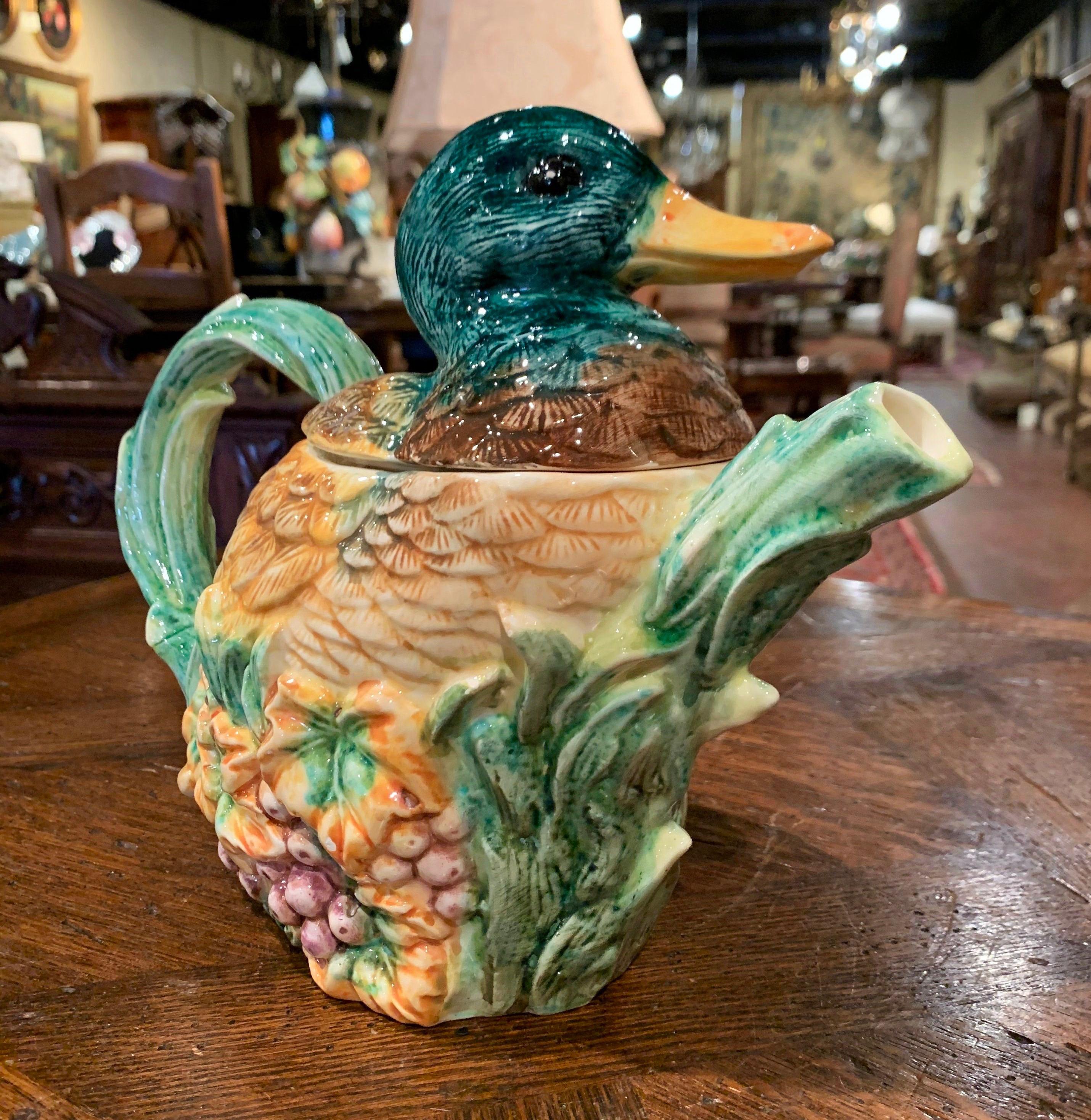 Midcentury French Hand Painted Ceramic Barbotine Duck Coffee or Teapot ...