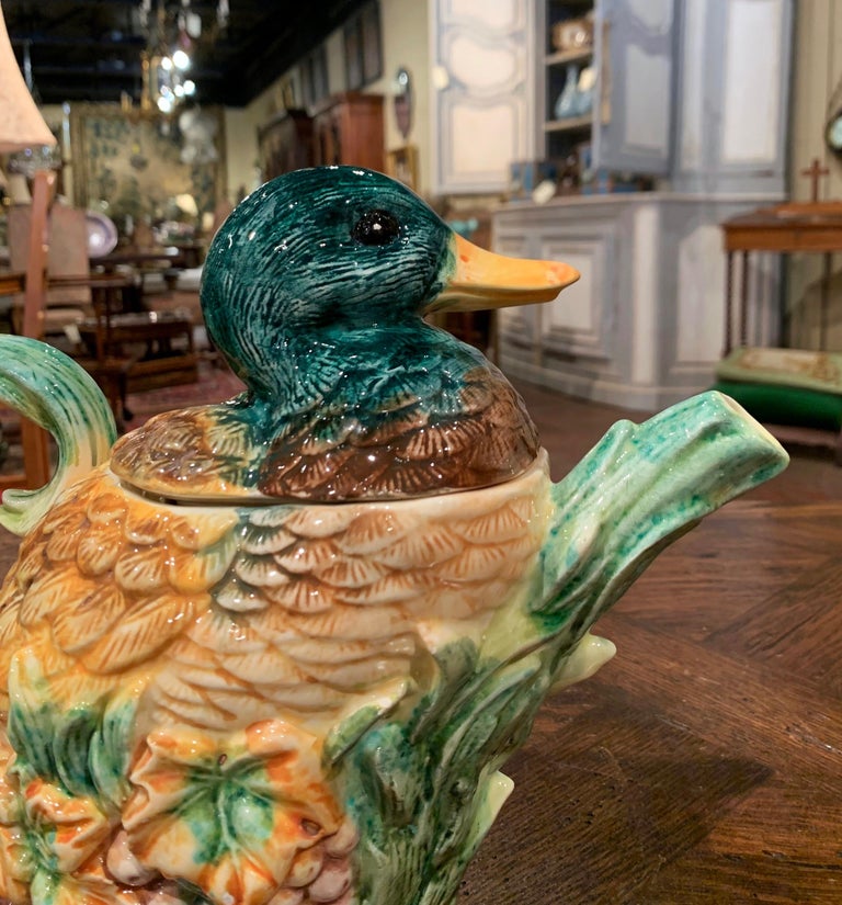Midcentury French Hand Painted Ceramic Barbotine Duck Coffee or Teapot ...