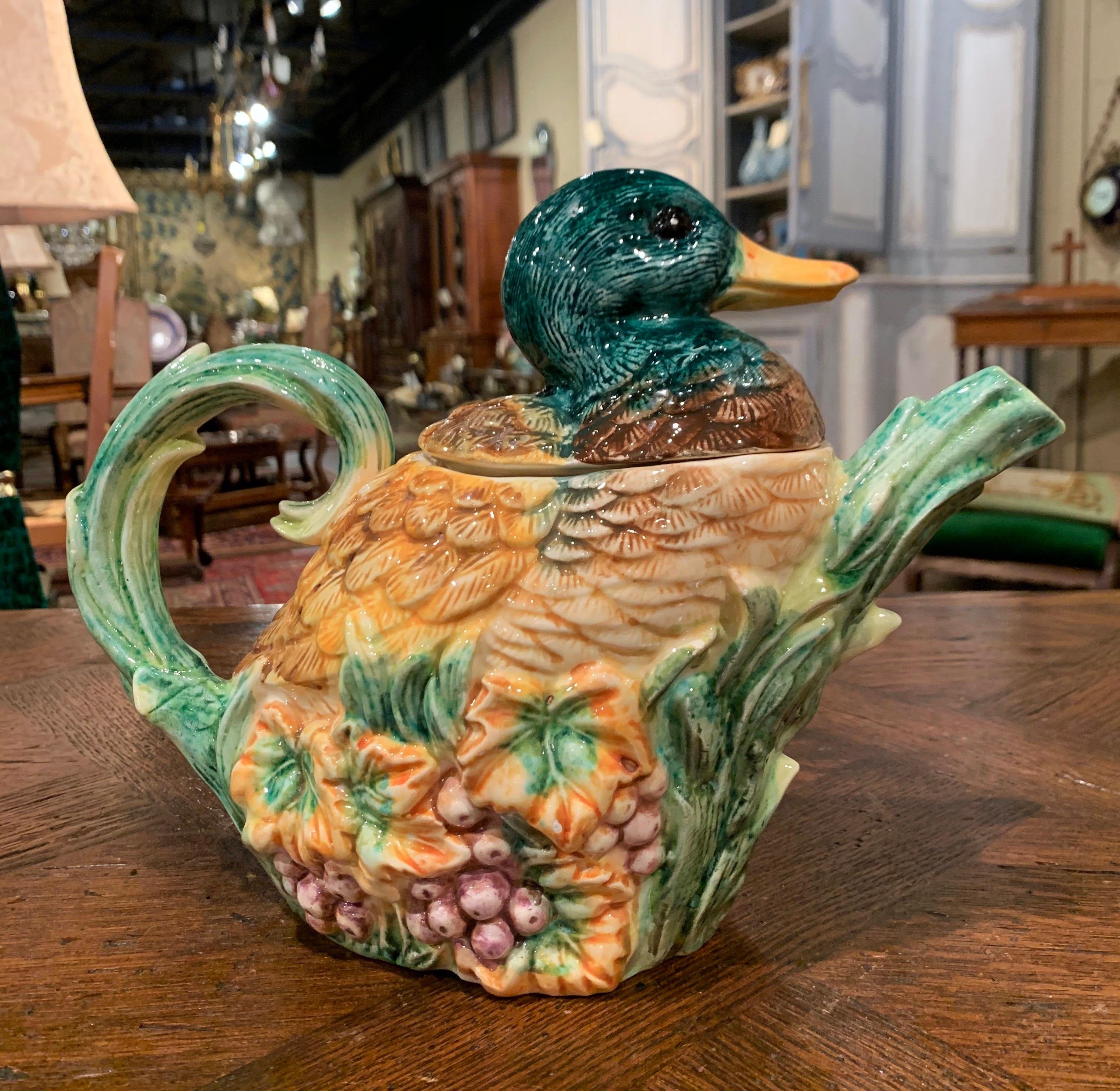 Midcentury French Hand Painted Ceramic Barbotine Duck Coffee or Teapot ...