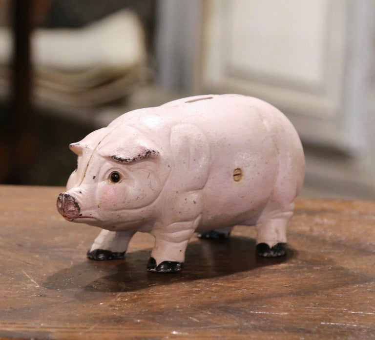 Mid Century French Hand Painted Iron Piggy Bank Sculpture For Sale at ...