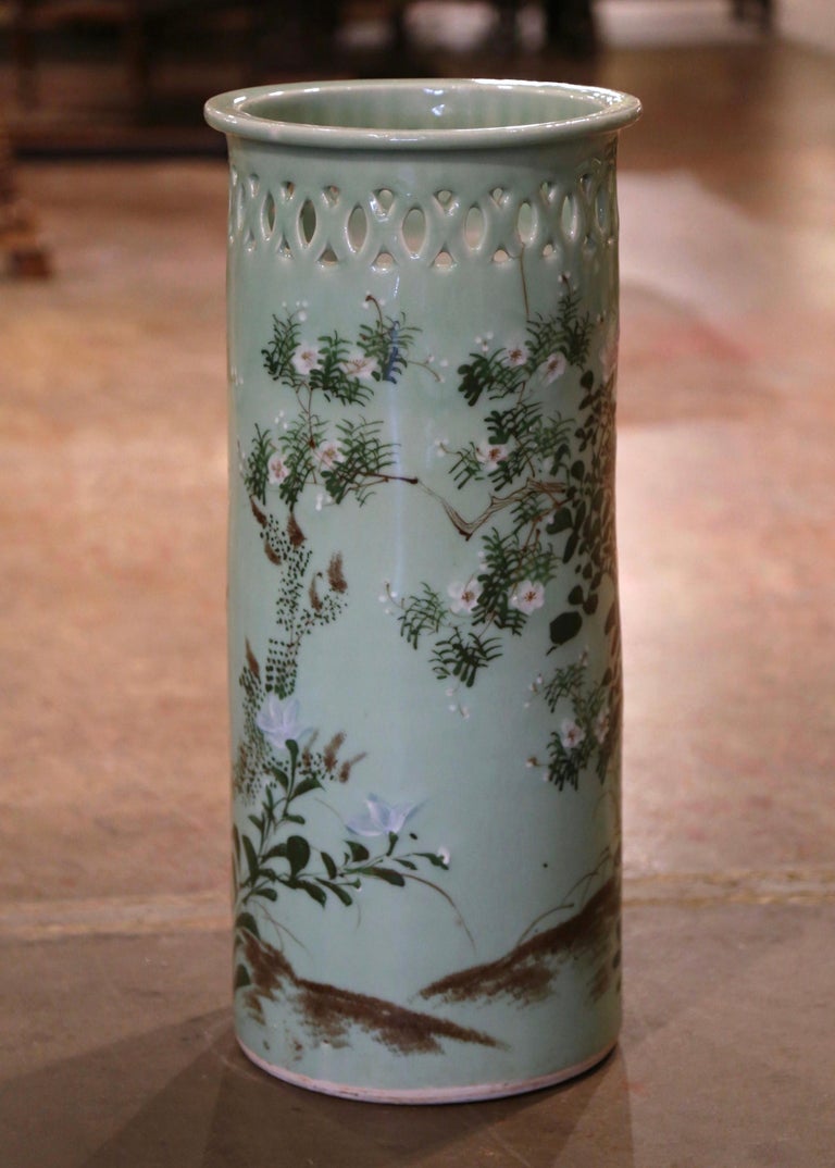 Mid-Century French Hand Painted Porcelain Umbrella Stand with Floral ...
