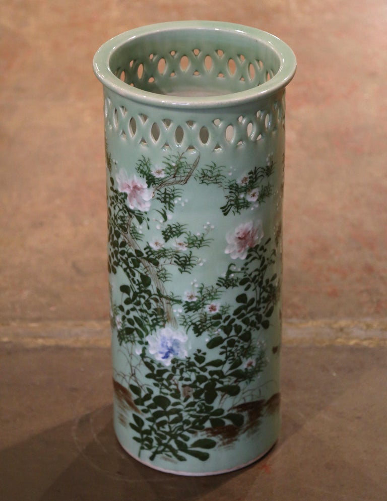 Mid-Century French Hand Painted Porcelain Umbrella Stand with Floral ...