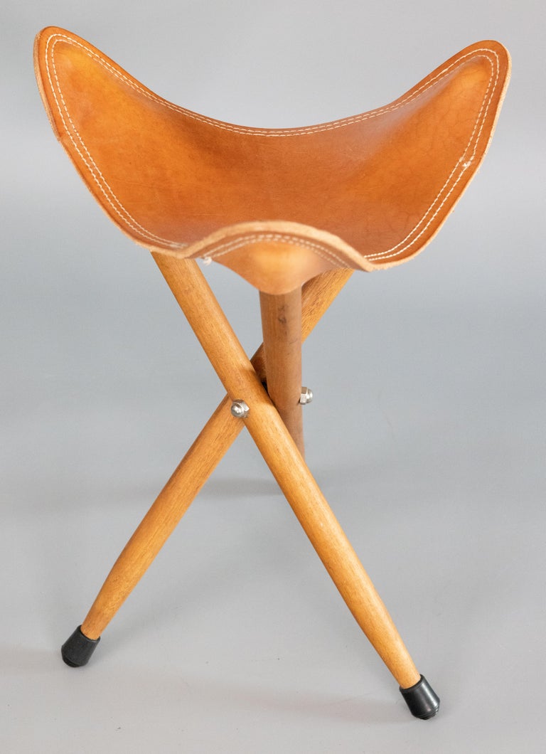 Mid-Century French Hermès Style Leather Tripod Folding Stool at 1stDibs