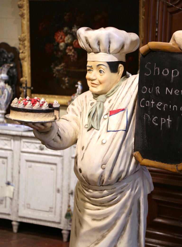 Mid-Century French Life Size Fiberglass Chef Baker Statue Holding Cake ...