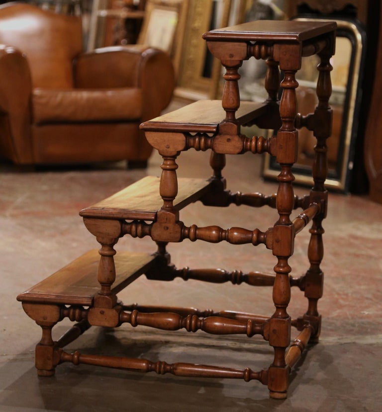 Mid-Century French Louis XIII Carved Walnut Four-Stair Library Step ...