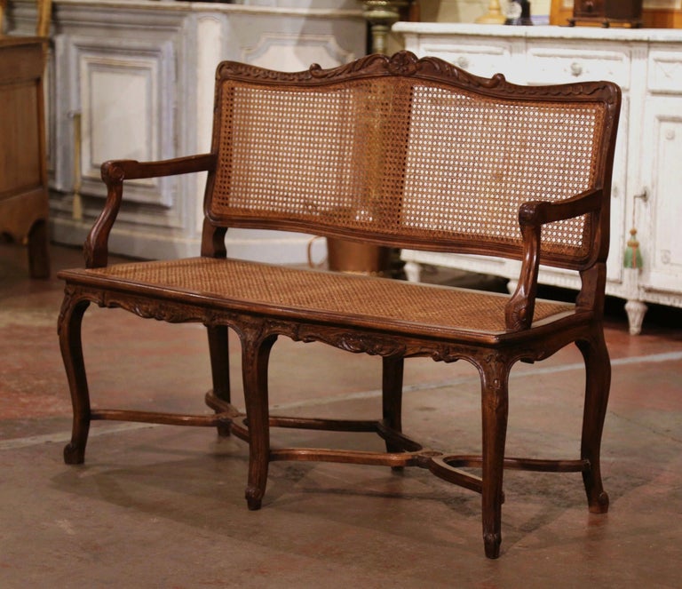 Mid-Century French Louis XV Carved Beech Wood and Cane Six-Leg Settee ...