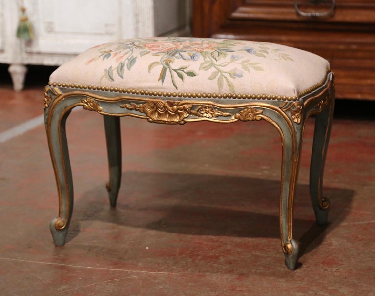 Mid-Century French Louis XV Carved Painted Vanity Stool with Aubusson ...