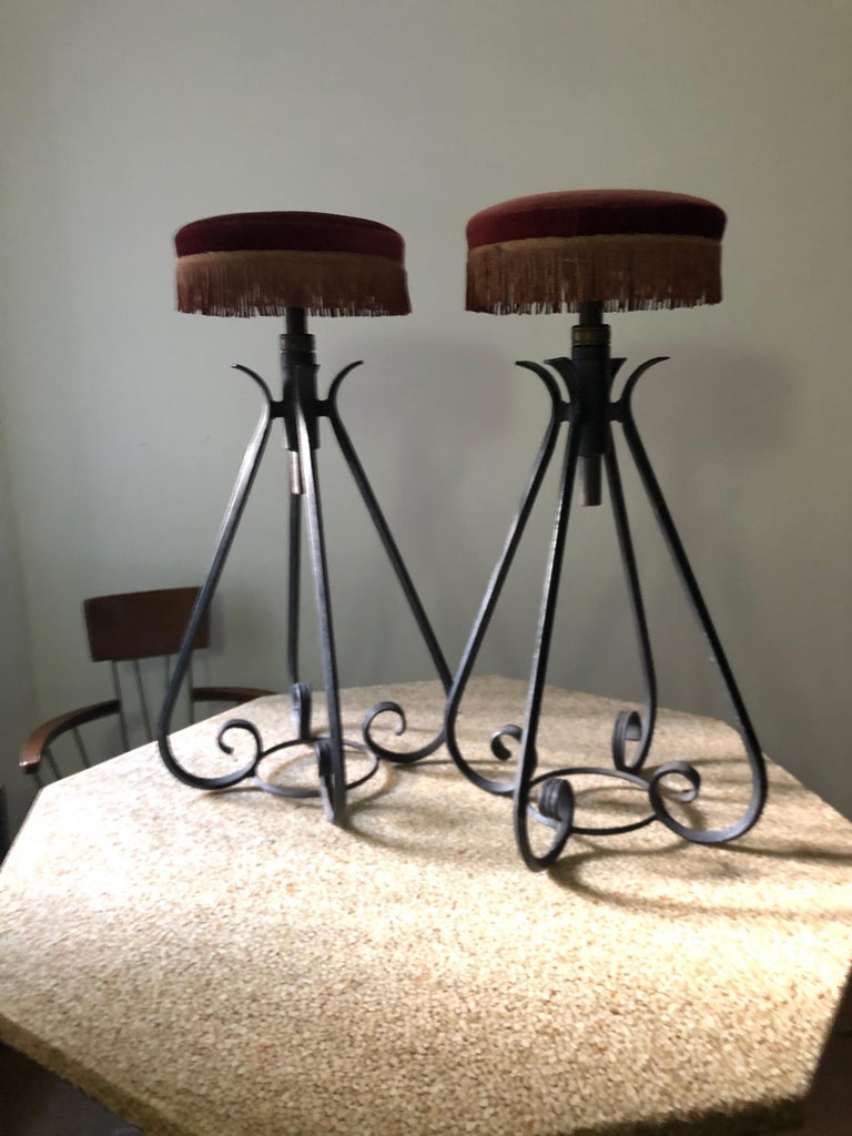 French Mid-Century Modern Wrought Iron Red Velvet Gold Tassel Parisian ...