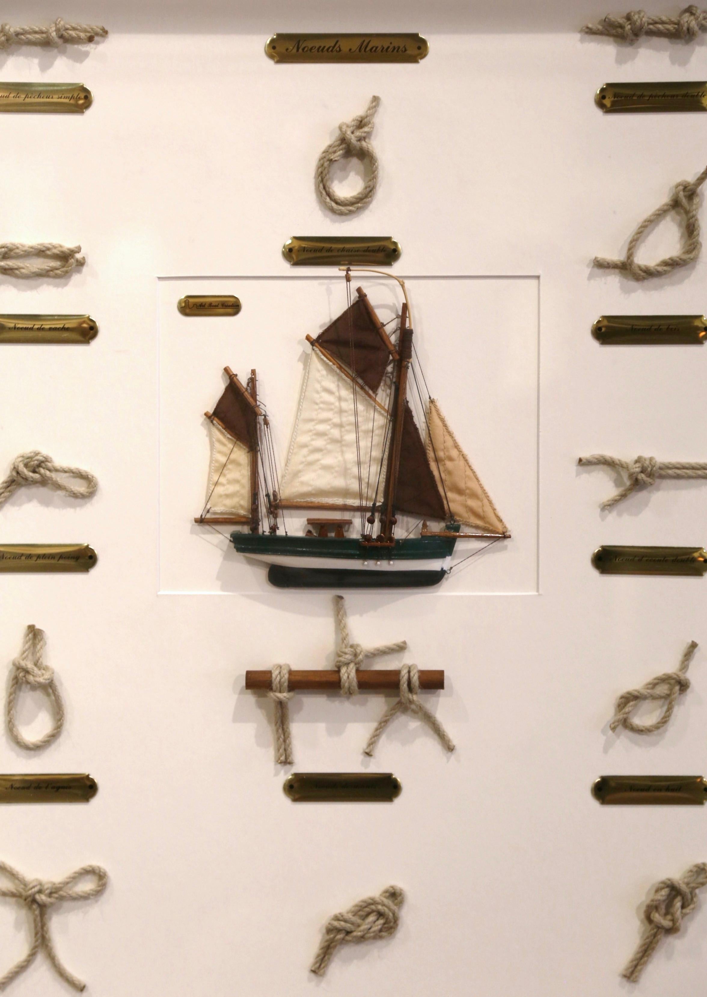 Mid-Century French Nautical Rope Knots with Names and Green Boat in ...