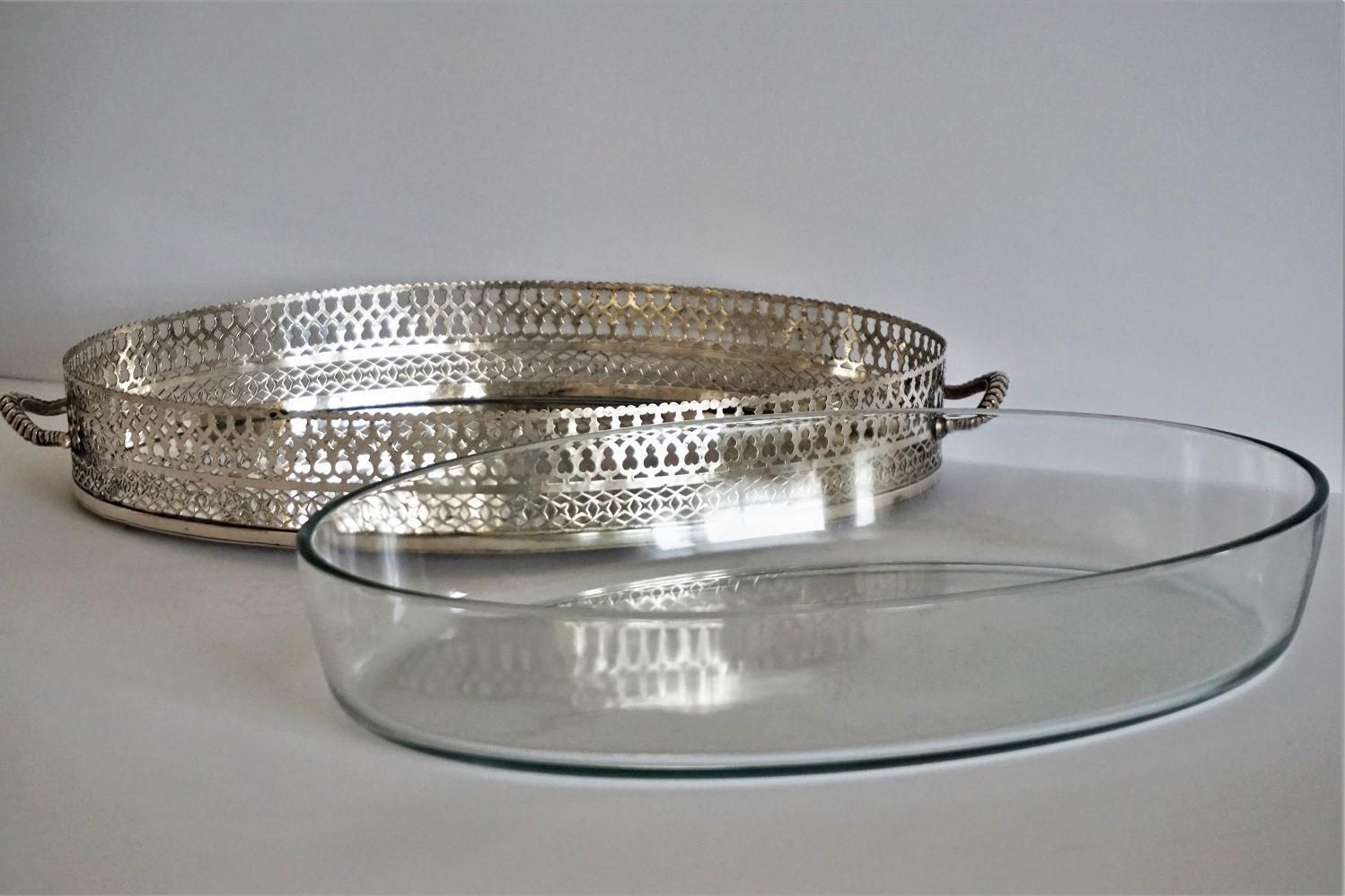 Midcentury French Pierced Silver Plate Serving Tray with Pyrex Insert ...