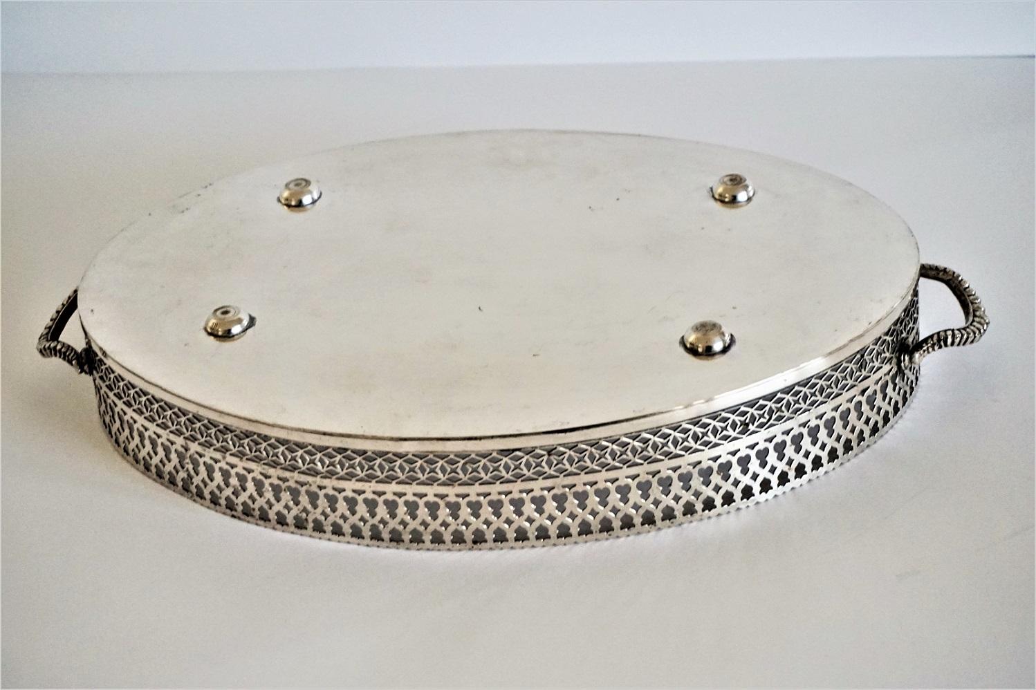Midcentury French Pierced Silver Plate Serving Tray with Pyrex Insert ...