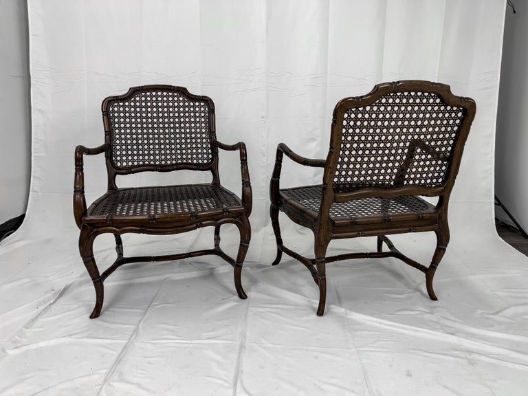 Mid Century French Provincial Country Cane Faux Bamboo Wood Armchairs ...