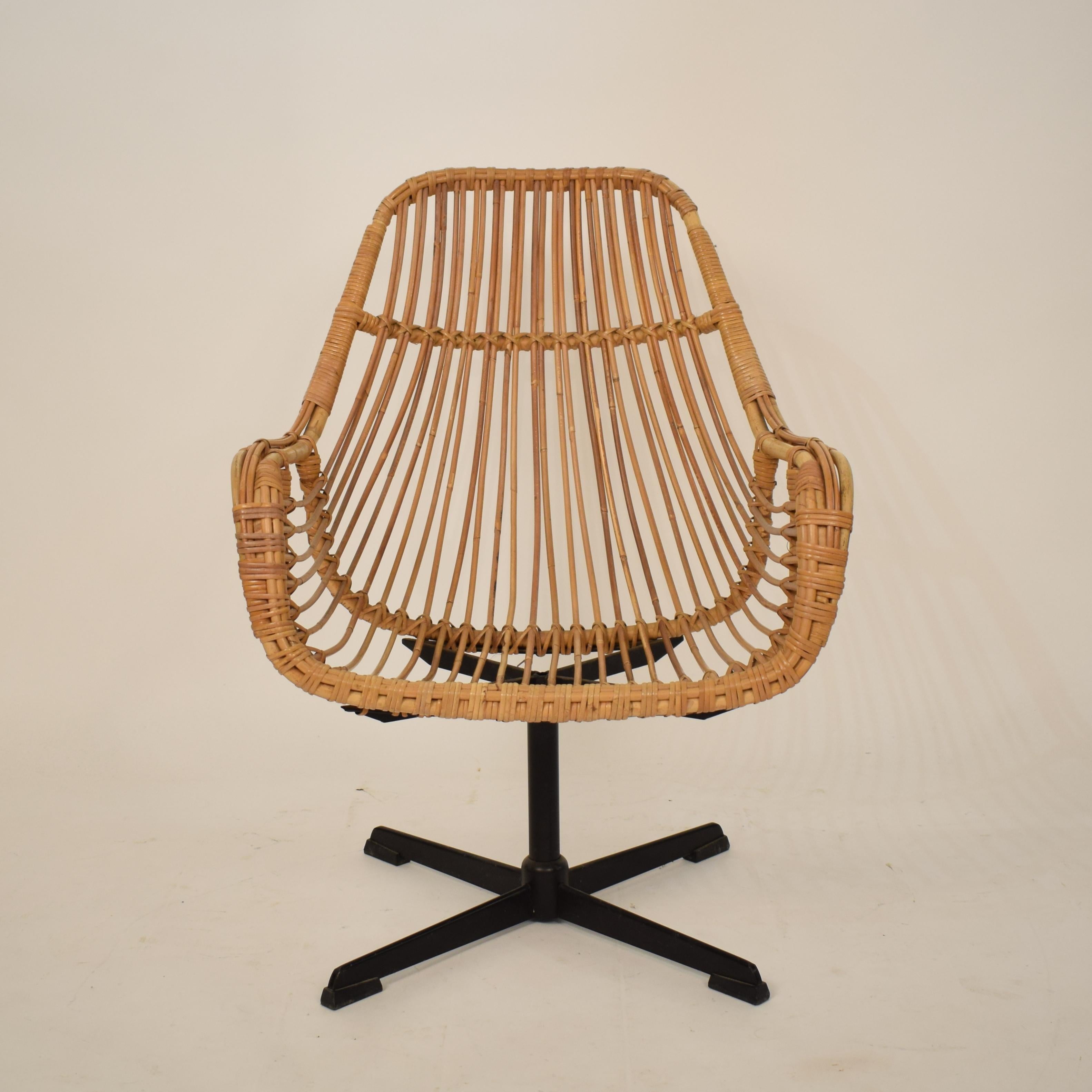 Midcentury French Rotatable Rattan Armchair with Black Metal Base at ...