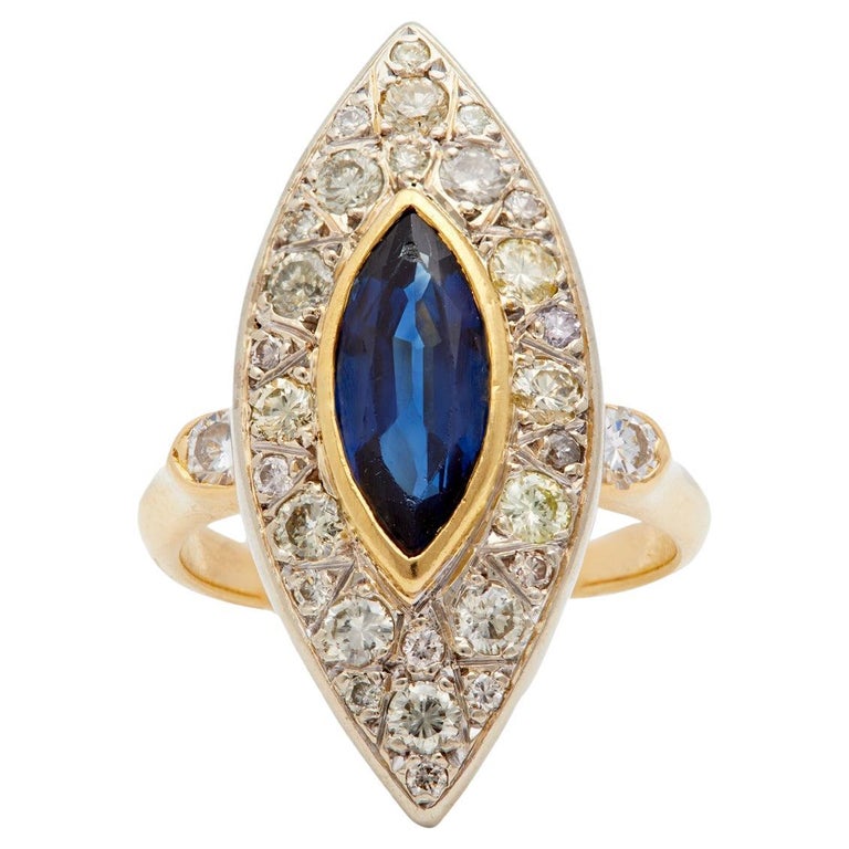 Mid Century French Sapphire Diamond 18k Two Toned Navette Ring For Sale ...