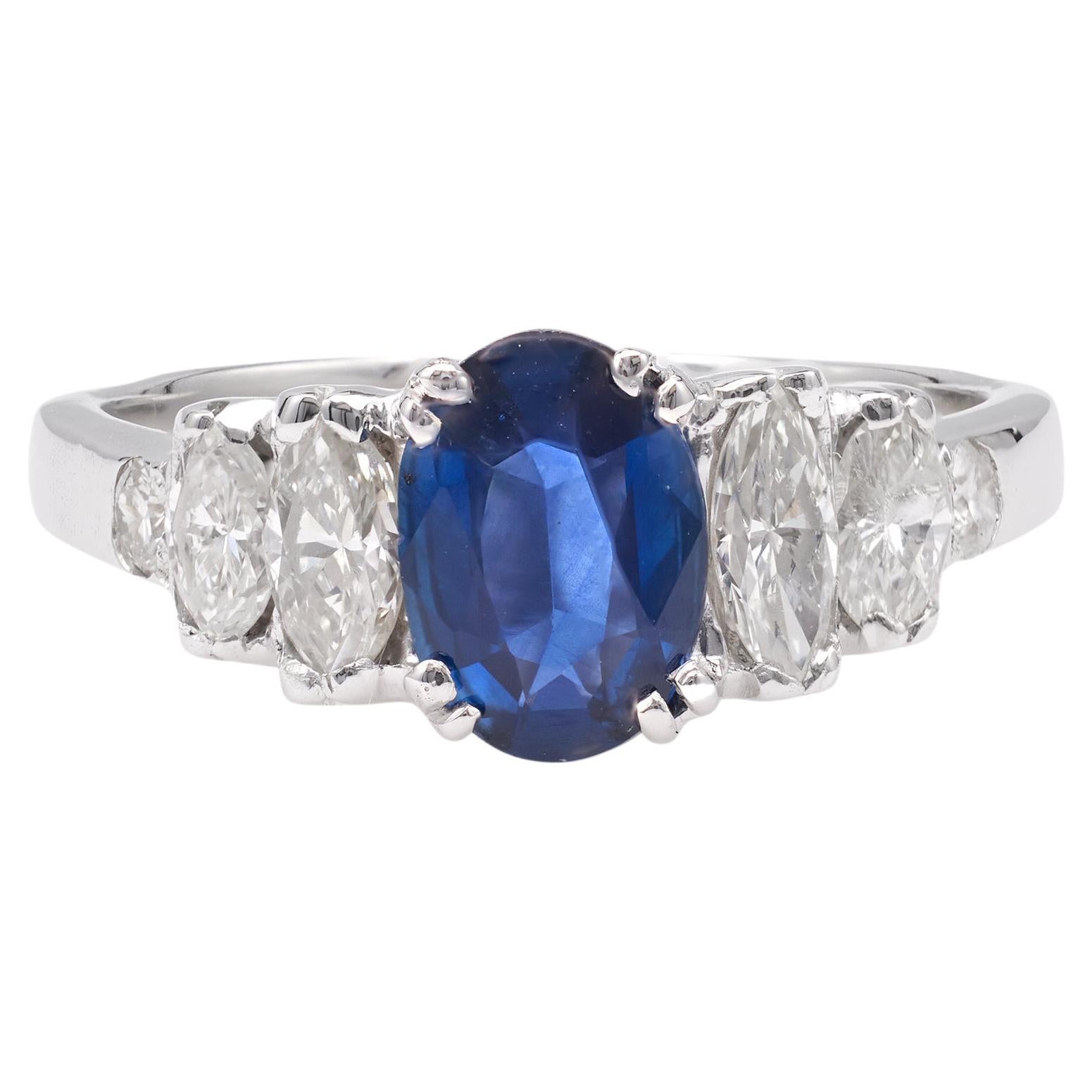 Mid-Century French Sapphire Diamond White Gold Ring For Sale at 1stDibs