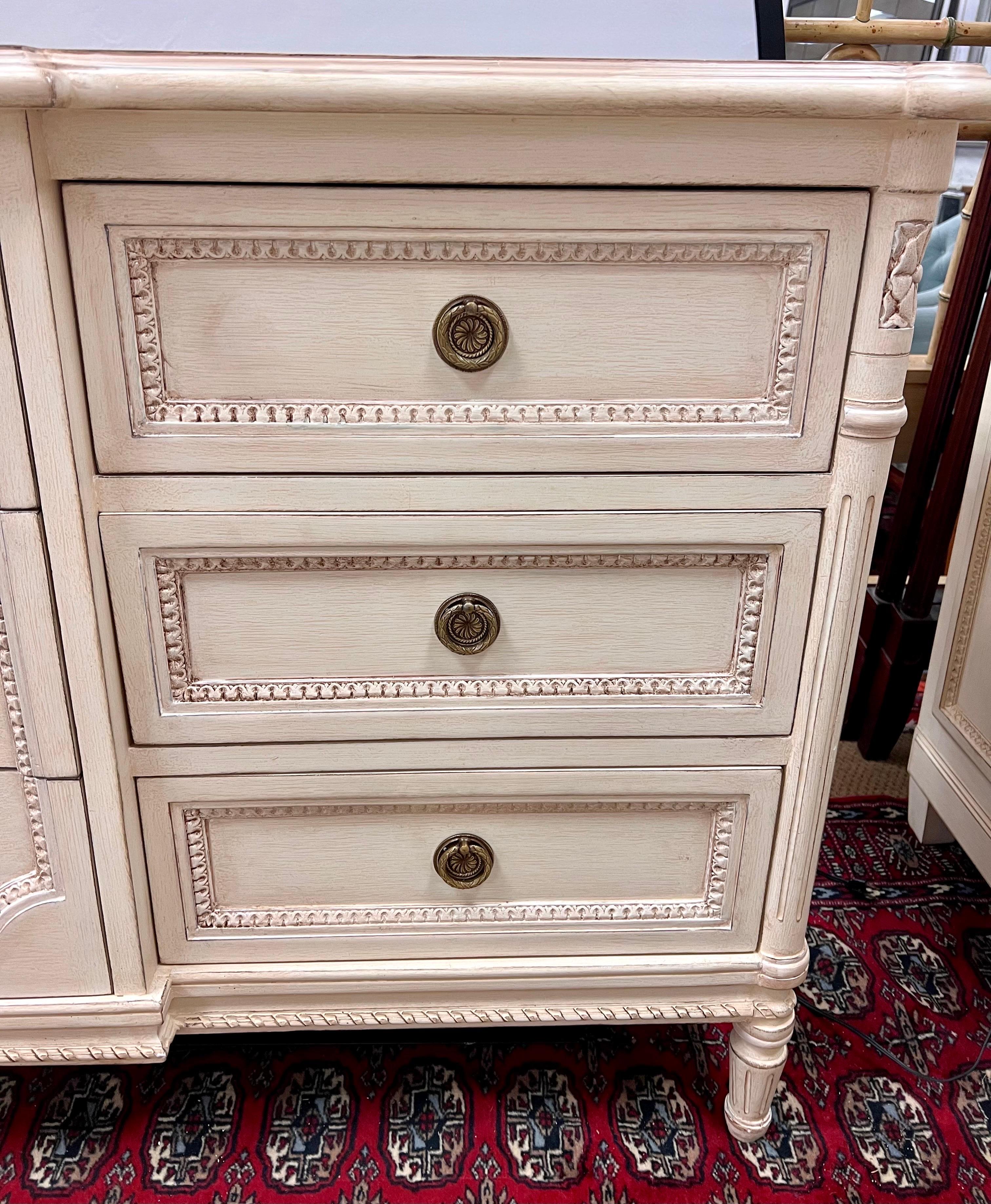 French Style Cream Distressed Carved Nine Drawer Chest Dresser For Sale at 1stDibs