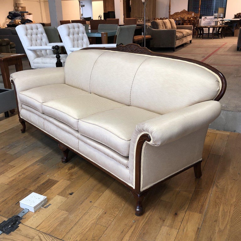 Midcentury French Wood and Fabric Rolled Arm Sofa For Sale at 1stDibs