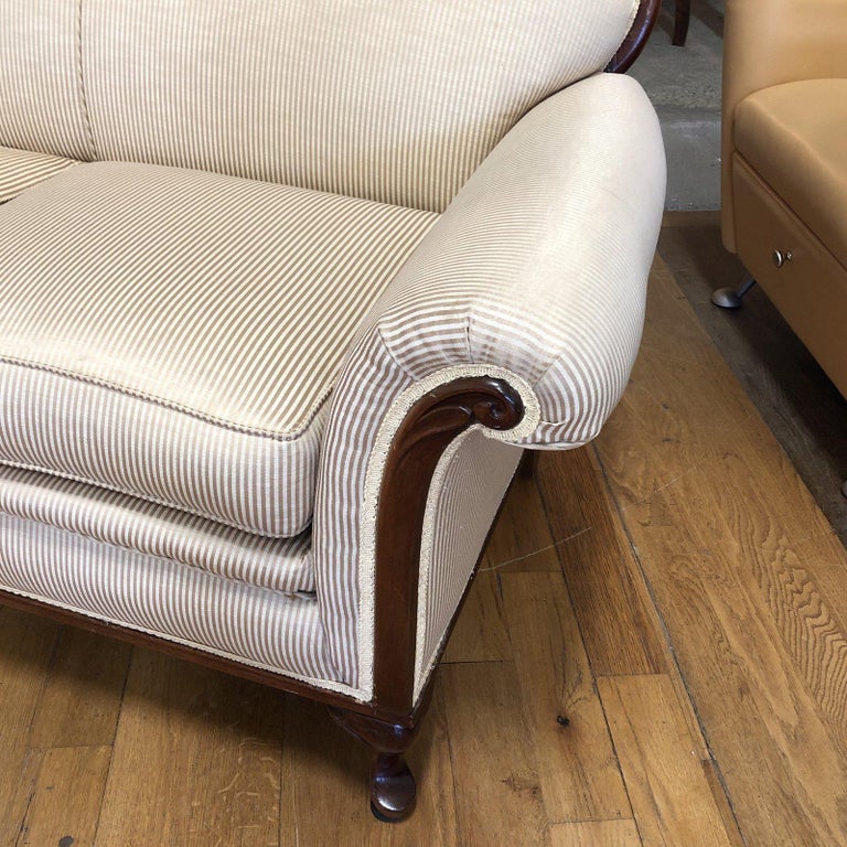 Midcentury French Wood and Fabric Rolled Arm Sofa For Sale at 1stDibs