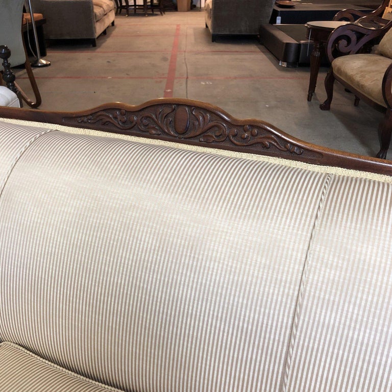 Midcentury French Wood and Fabric Rolled Arm Sofa For Sale at 1stDibs