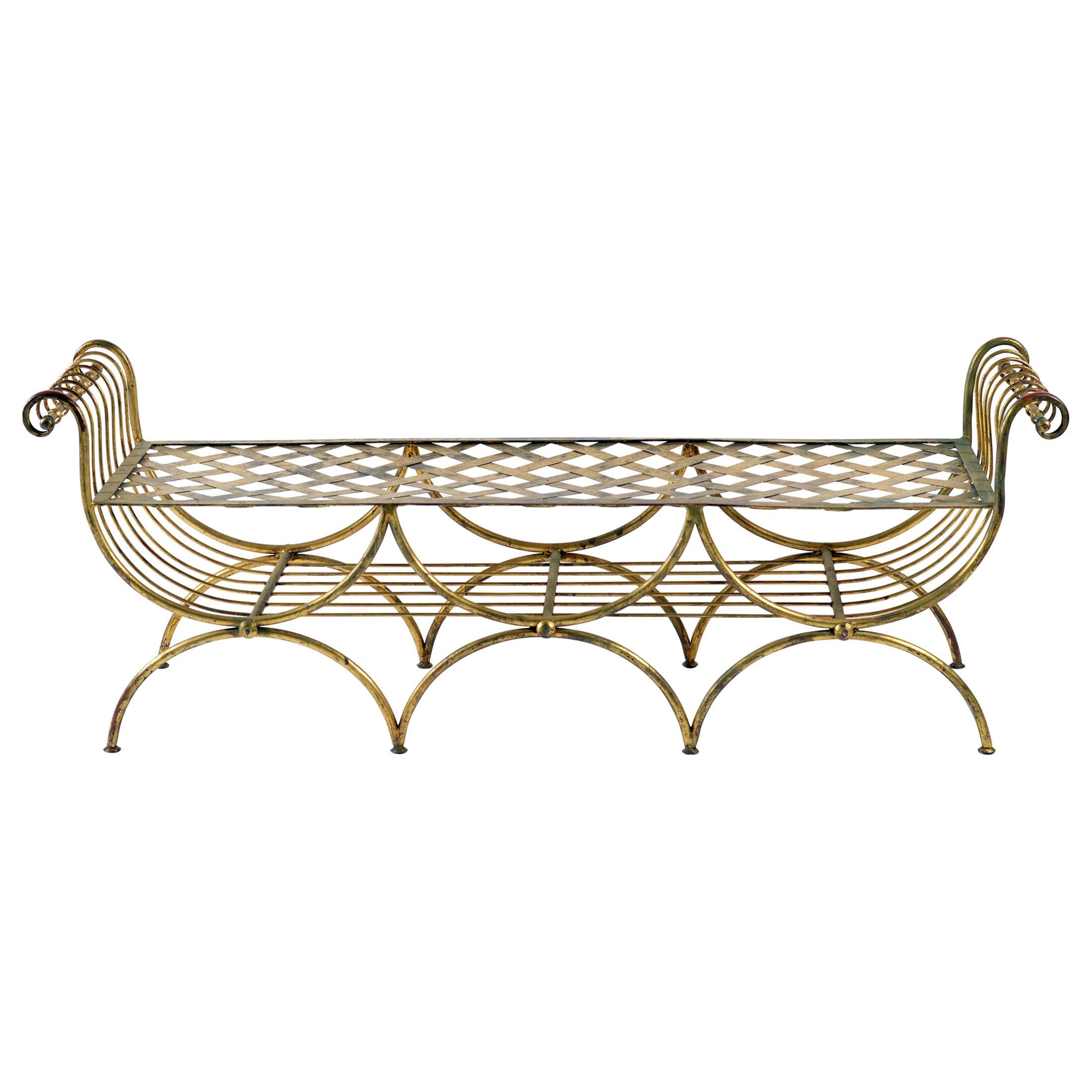 Midcentury French Wrought Iron and Gilded with Gold Leaf Bench or Small ...