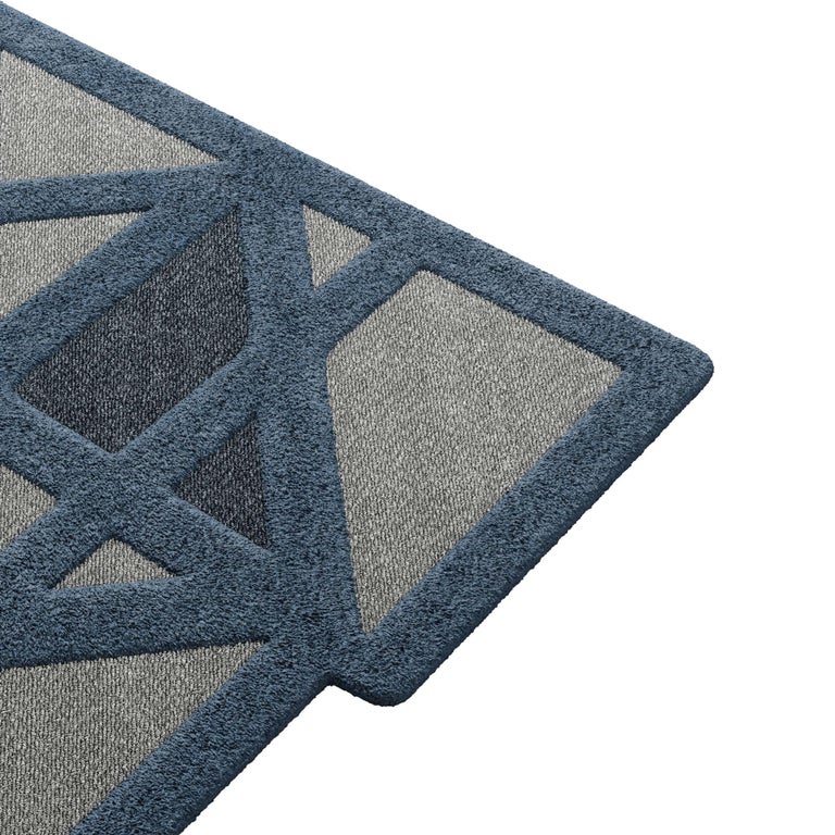 Mid-Century Modern Square Shape Geomtric Pattern Hand-Tufted Rug Blue ...