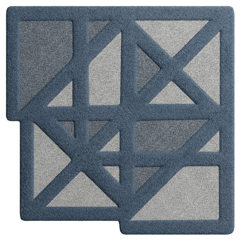 Mid-Century Modern Square Shape Geomtric Pattern Hand-Tufted Rug Blue ...