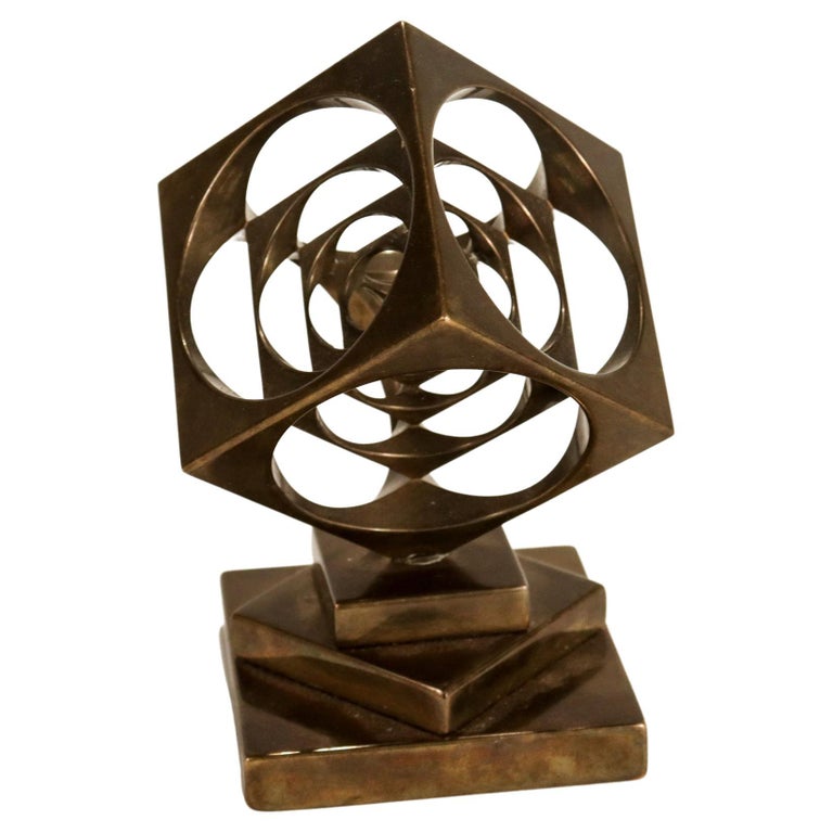 Midcentury Geometric Machined Bronze Turner's Cube Desk Paperweight ...
