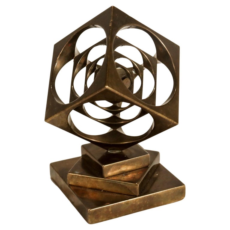 Midcentury Geometric Machined Bronze Turner's Cube Desk Paperweight ...
