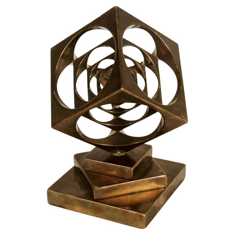 Midcentury Geometric Machined Bronze Turner's Cube Desk Paperweight ...