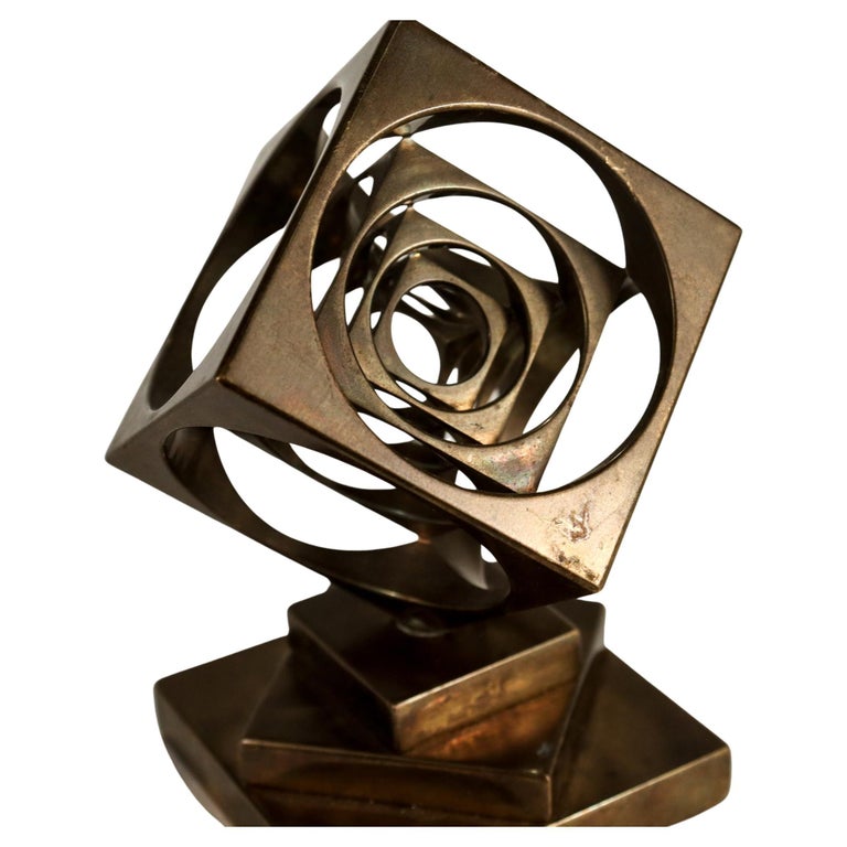 Midcentury Geometric Machined Bronze Turner's Cube Desk Paperweight ...