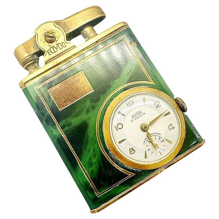 Mid Century German Green Marble German Brass Lighter w/ Watch by Eclydo ...