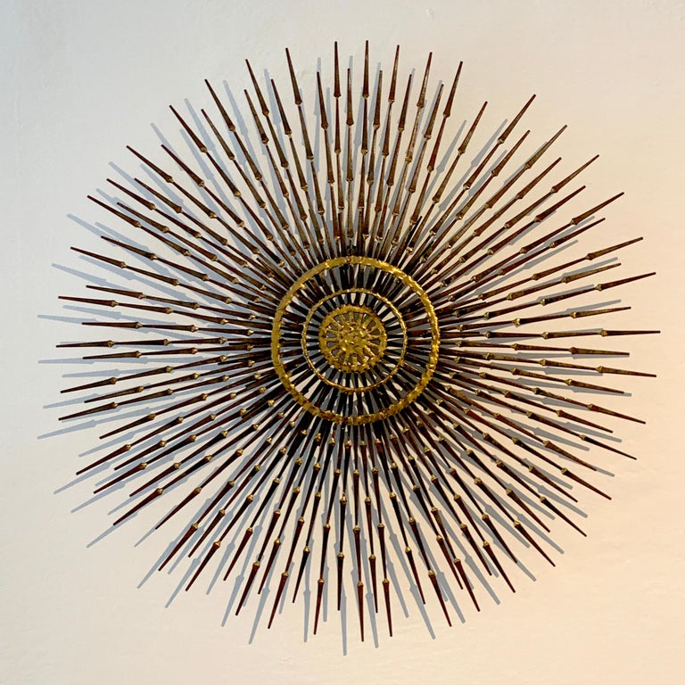 Midcentury Gilt Iron Nailhead Starburst Wall Sculpture by Ron Schmidt ...